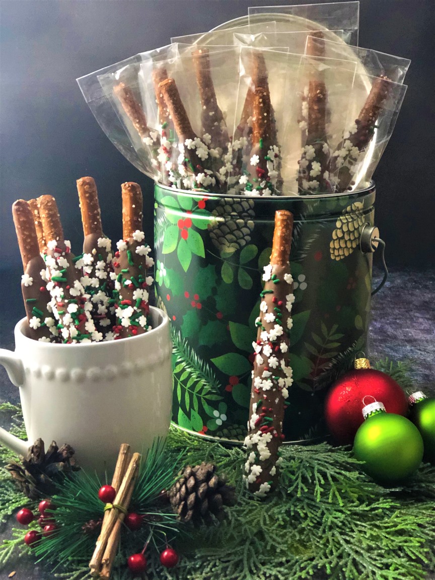 Holiday Pretzel Rods Gift Tin - 20 Chocolate Pretzels